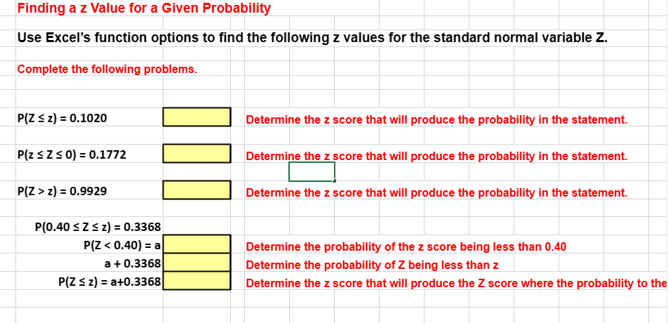 Solved Use Excel’s function options to find the following z | Chegg.com