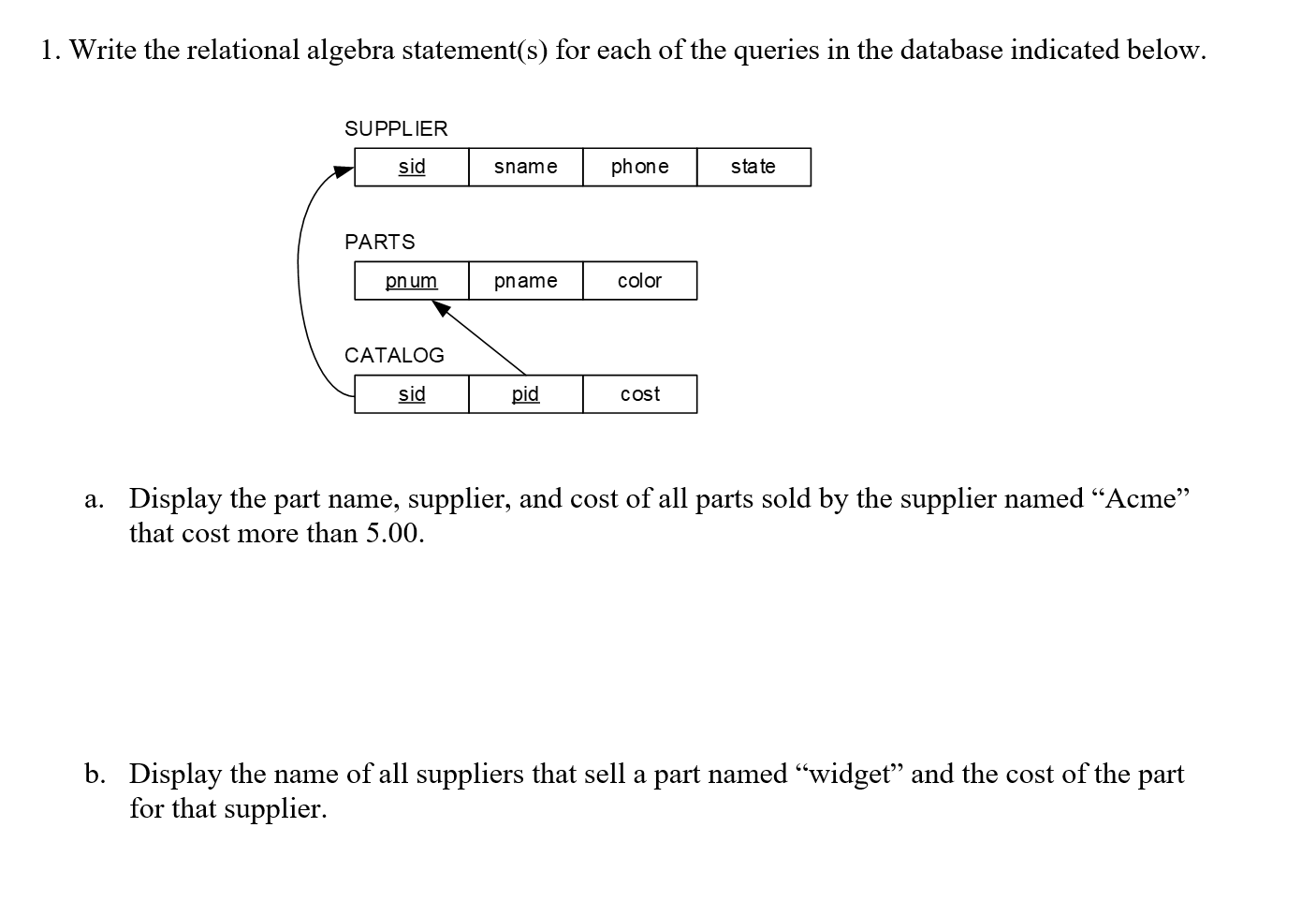 Solved 1. Write the relational algebra statement(s) for each | Chegg.com