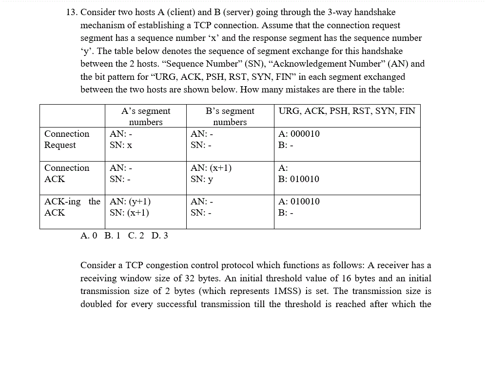 Solved 13. Consider two hosts A (client) and B (server) | Chegg.com