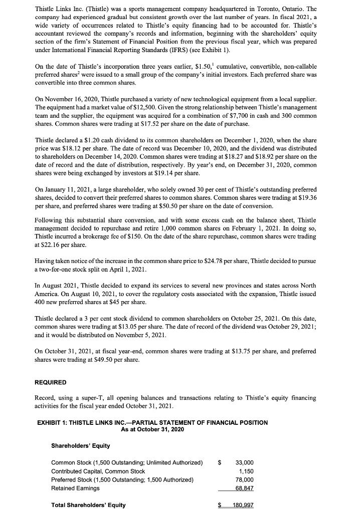 Thistle Links Inc. (Thistle) was a sports management | Chegg.com