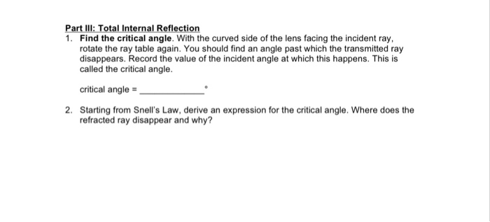 Solved Part III: Total Internal Reflection 1. Find the | Chegg.com