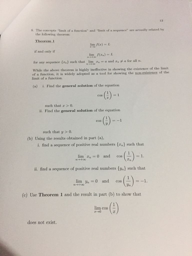 Solved 12 8. The concepts "limit of a function" and limit of | Chegg.com