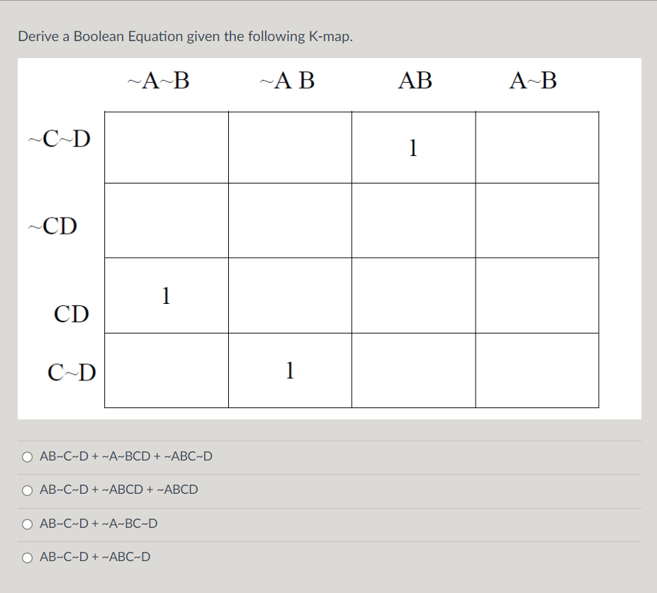 Solved Derive a Boolean Equation given the following K-map. | Chegg.com