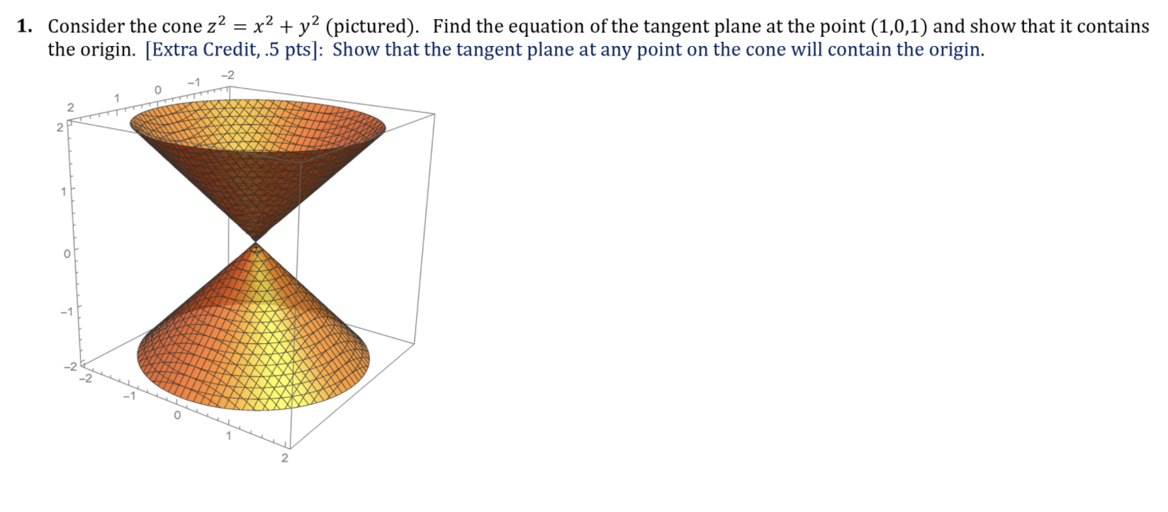 Solved 1. Consider the cone z? = x2 + y2 (pictured). Find | Chegg.com