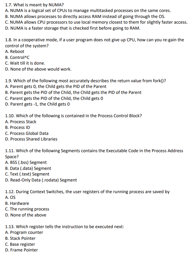 Solved 1.7. What is meant by NUMA? A. NUMA is a logical set | Chegg.com
