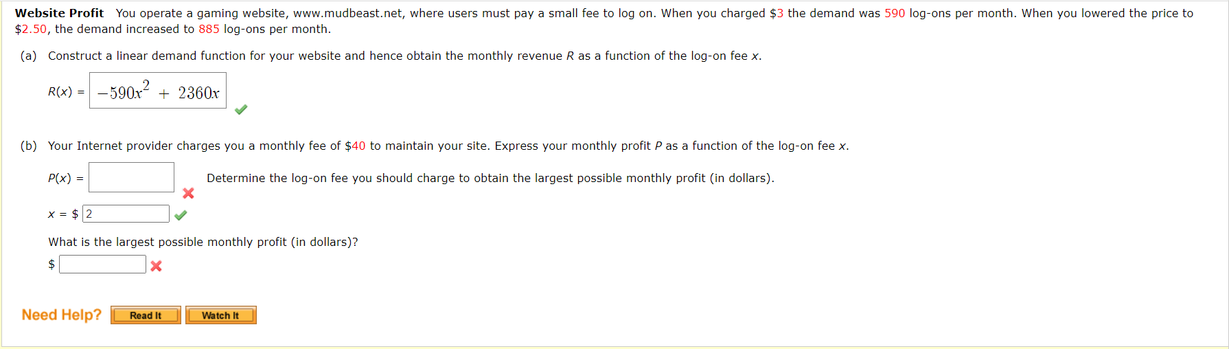 Solved $2.50, the demand increased to 885log-ons per month. | Chegg.com