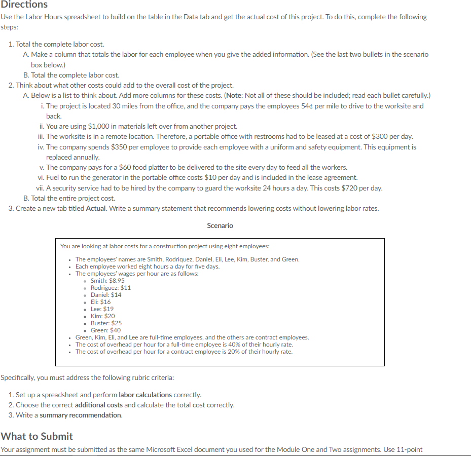Solved Use the Labor Hours spreadsheet to build on the table | Chegg.com