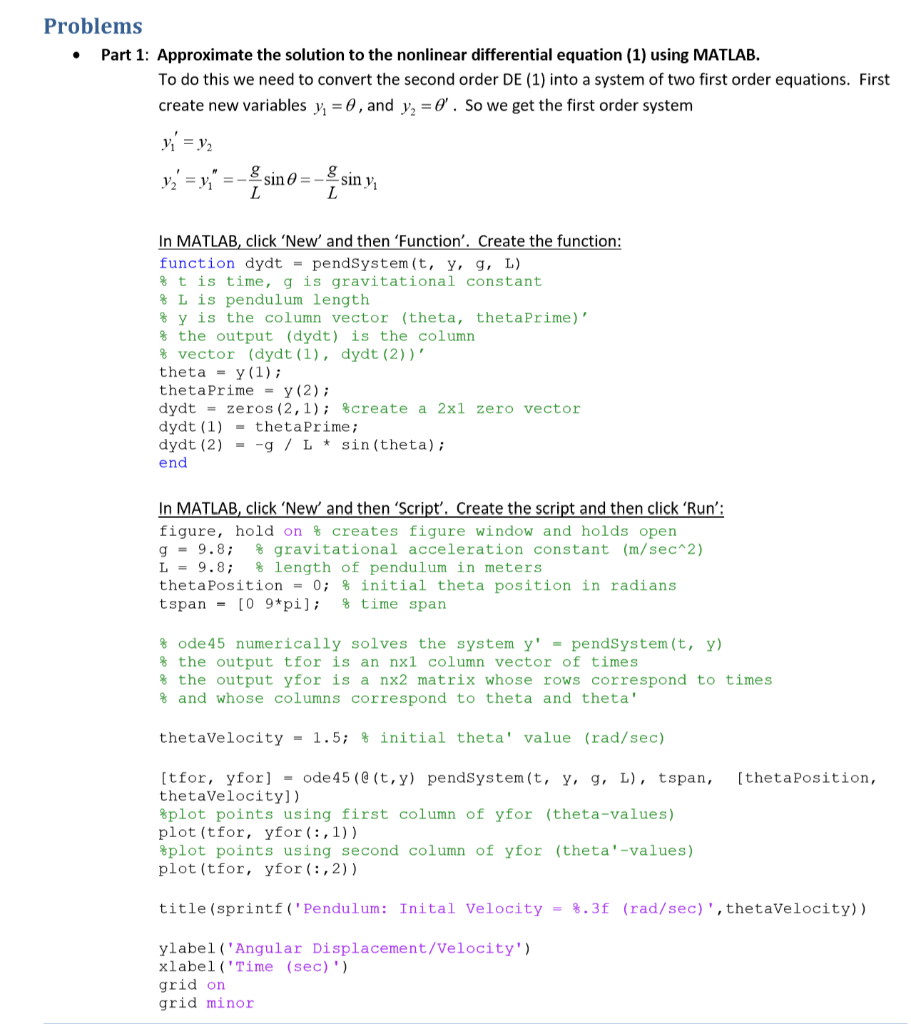 Solved MATLAB/OCTAVE PENDULUM LAB PART 2 MAT2310/2330 MATLAB | Chegg.com