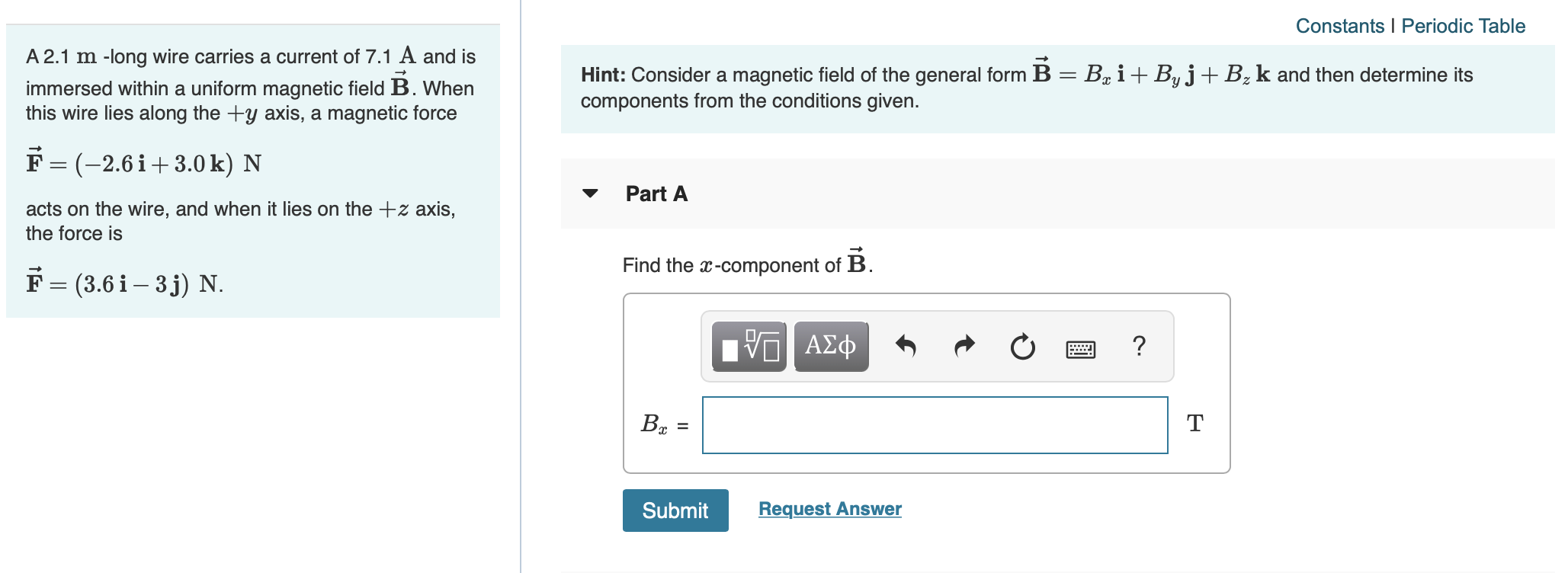 Solved Constants | Periodic Table A 2.1 m -long wire carries | Chegg.com