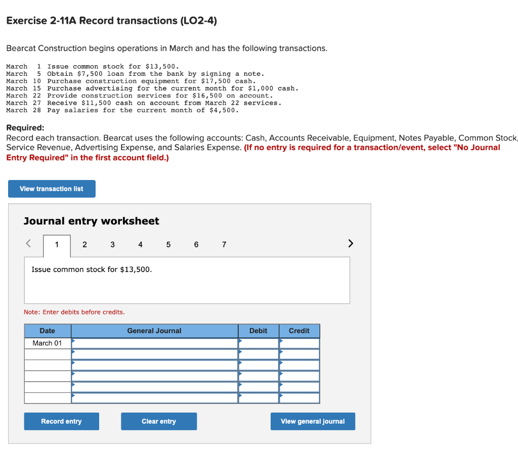 Solved Exercise 2-11A Record transactions (LO2-4) Bearcat | Chegg.com