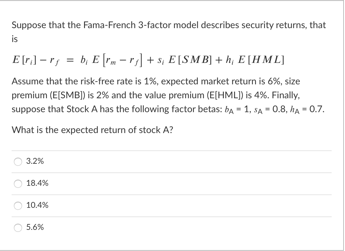 Solved Suppose that the Fama-French 3-factor model describes | Chegg.com