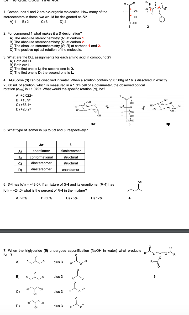 HS H 20 HEN HOH 1. Compounds 1 and 2 are bio-organic | Chegg.com