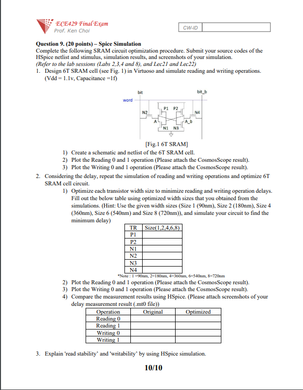 Solved Question 9. (20 points)-Spice Simulation Complete the | Chegg.com