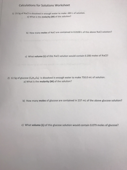 Solved Calculations for Solutions Worksheet 1) 23.5g of NaCI | Chegg.com