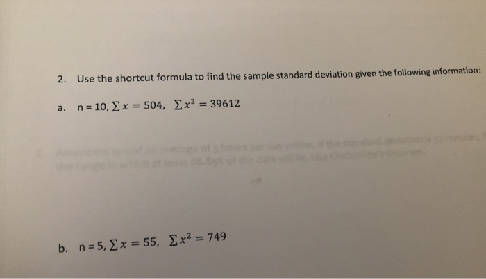 Solved Use the shortcut formula to find the sample standard | Chegg.com
