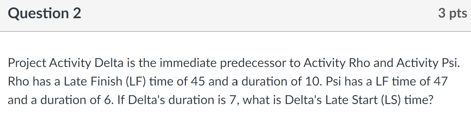 Solved 3 pts Question 2 Project Activity Delta is the | Chegg.com