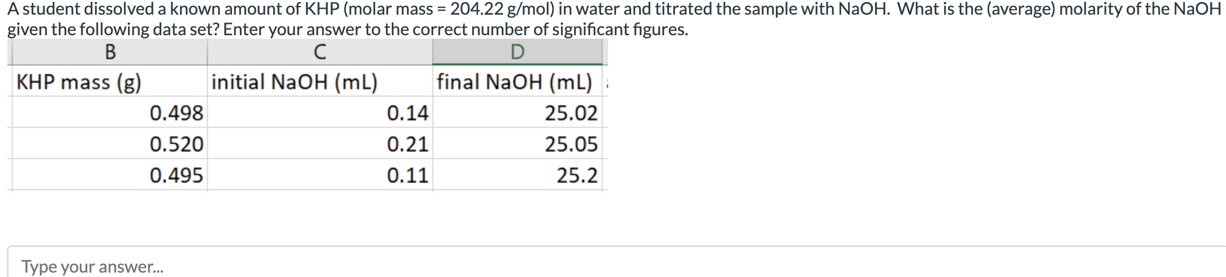 Solved A student dissolved a known amount of KHP (molar mass | Chegg.com