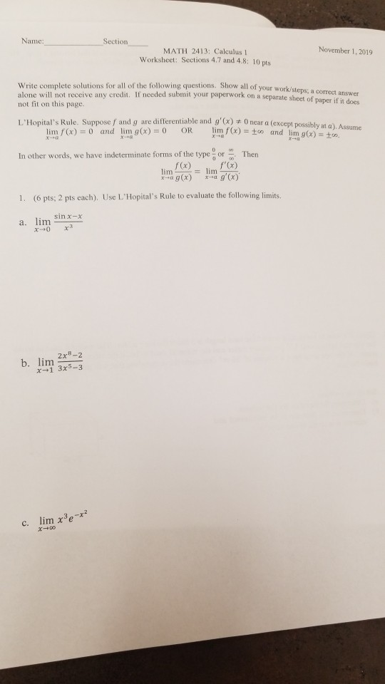 Solved Namc Section November 1, 2019 MATH 2413: Calculus ! | Chegg.com