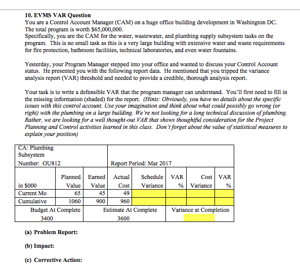 10. EVMS VAR Question You are a Control Account | Chegg.com