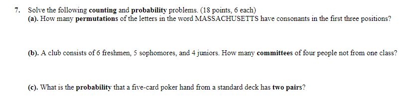 Solved 7. Solve the following counting and probability | Chegg.com