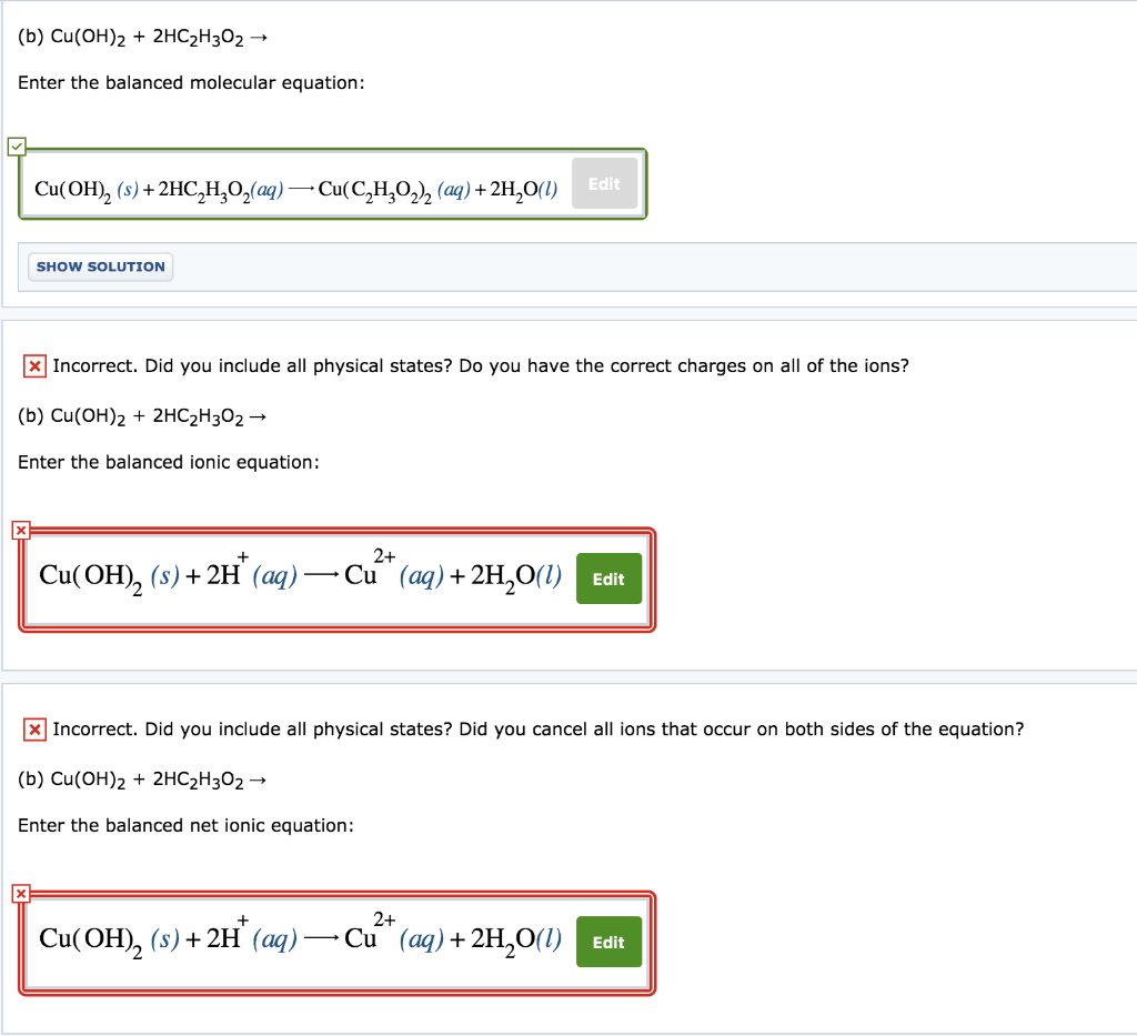 Solved (b) Cu(OH)2 + 2HC2H3O2 → Enter the balanced molecular | Chegg.com