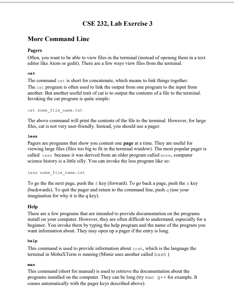 CSE 232, Lab Exercise 3 More Command Line Pagers | Chegg.com