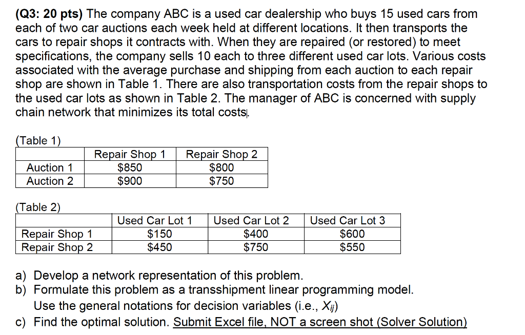 Solved (Q3: 20 pts) The company ABC is a used car dealership | Chegg.com