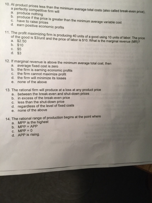 Solved 10. At product prices less than the minimum average | Chegg.com