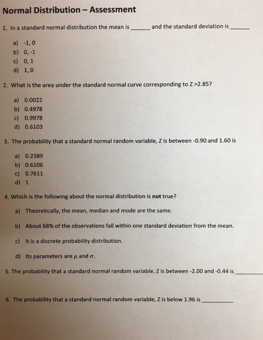 Solved Normal Distribution - Assessment 1. In a standard | Chegg.com