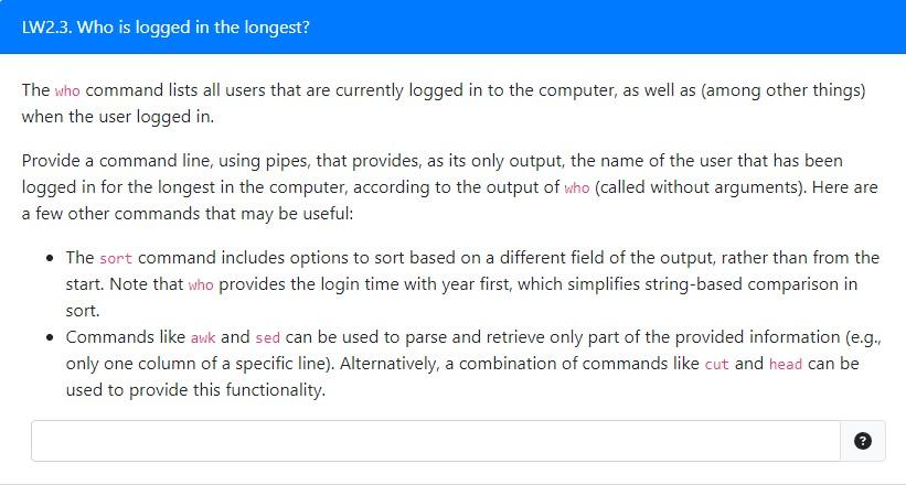 Solved The who command lists all users that are currently | Chegg.com