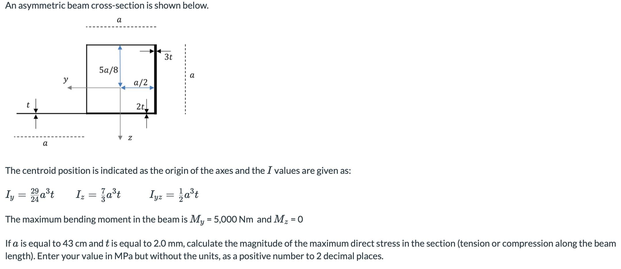 Solved An asymmetric beam cross-section is shown below. a 3t | Chegg.com