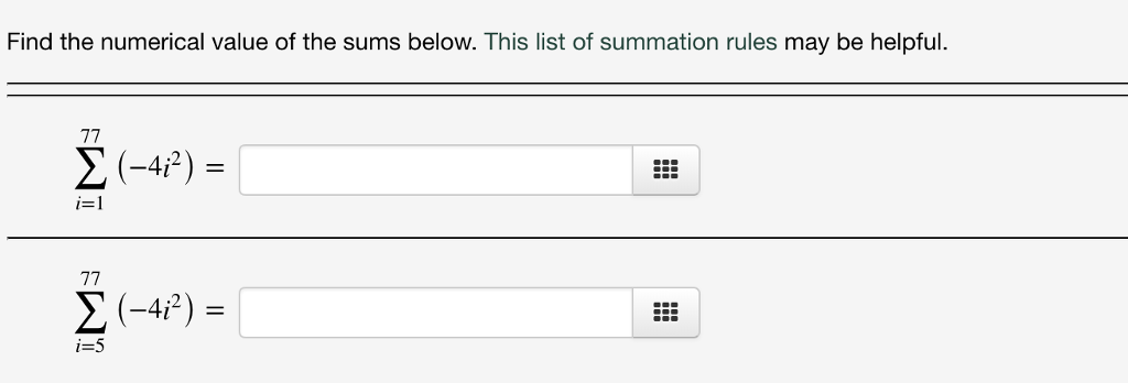 Solved Find the numerical value of the sums below. This list | Chegg.com