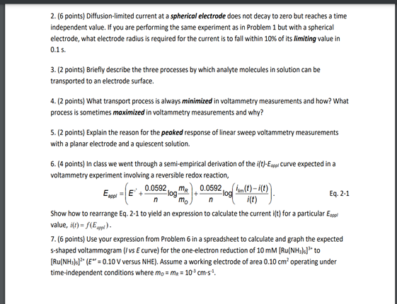 Solved 2. (6 points) Diffusion-limited current at a | Chegg.com