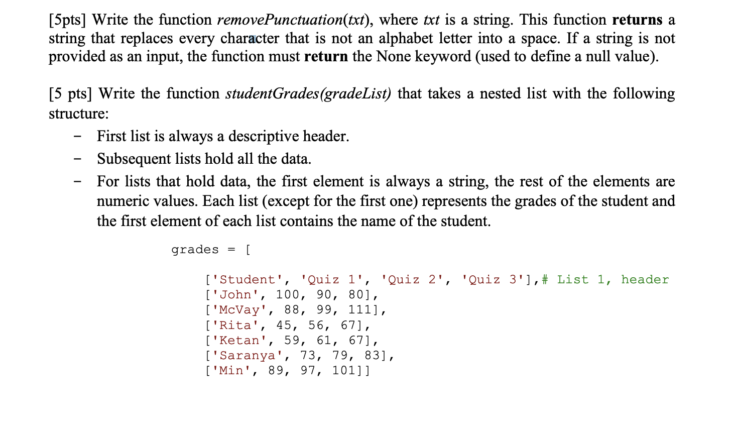 Solved [5pts] Write the function removePunctuation(txt), | Chegg.com