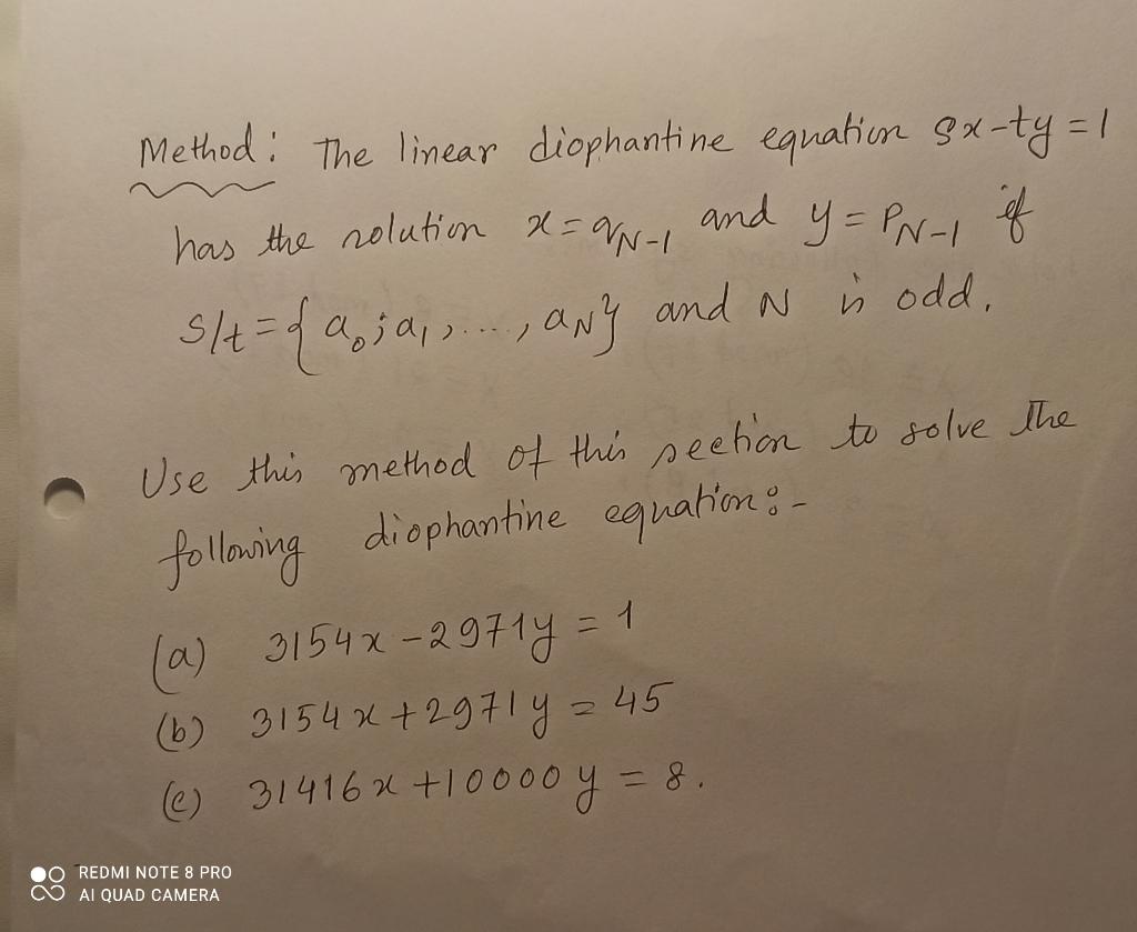 Solved - Method: The linear diophantine equation Sx-ty = 1 | Chegg.com