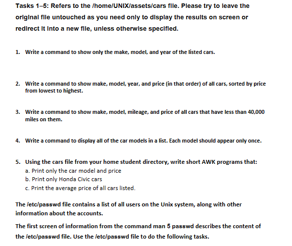 Solved Tasks 1-5: Refers to the /home/UNIX/assets/cars flle. | Chegg.com