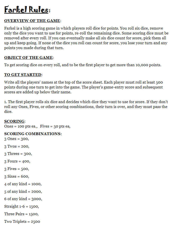 Farkel Rules: OVERVIEW OF THE GAME: Farkel is a high | Chegg.com
