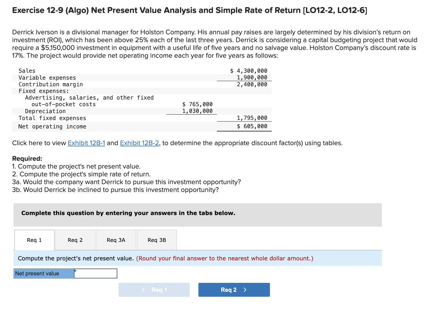 Solved Exercise 12-9 (Algo) Net Present Value Analysis and | Chegg.com