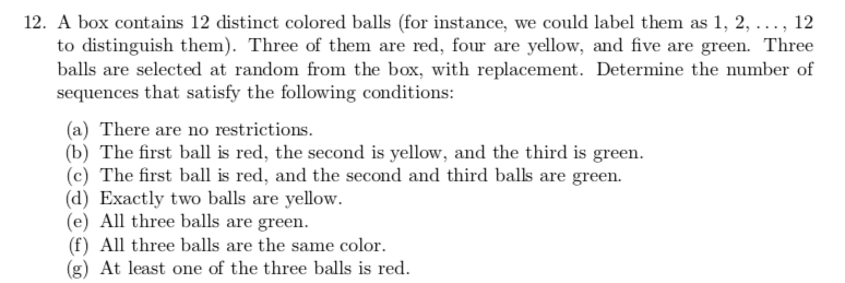 Solved 12. A box contains 12 distinct colored balls (for | Chegg.com