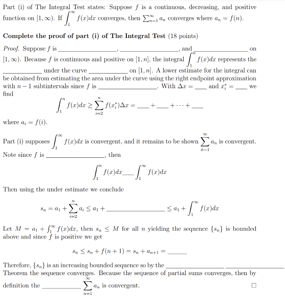 Solved Part (i) of The Integral Test states: Suppose f is a | Chegg.com