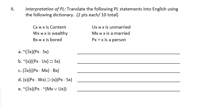 II. Interpretation of PL: Translate the following PL | Chegg.com