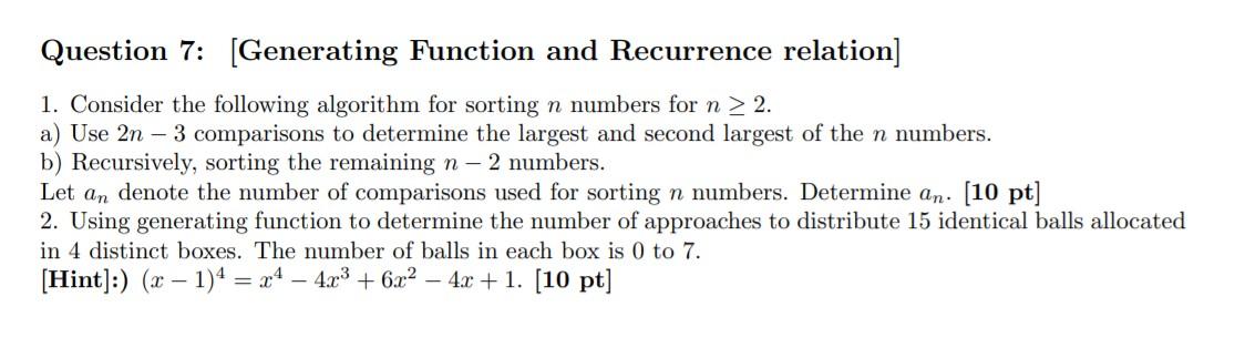 Solved Question 7: (Generating Function and Recurrence | Chegg.com
