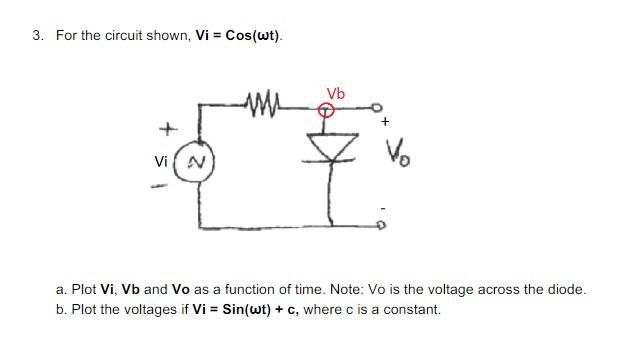 Solved 3. For the circuit shown, Vi =Cos(ω). a. Plot Vi, Vb | Chegg.com