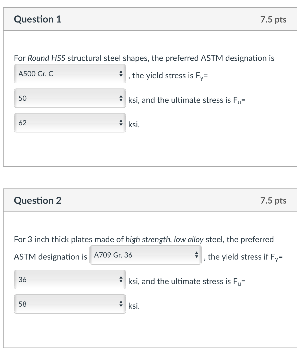 Solved Question 1 7.5 pts For Round HSS structural steel | Chegg.com