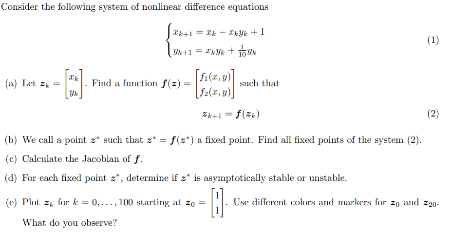 Consider the following system of nonlinear difference | Chegg.com