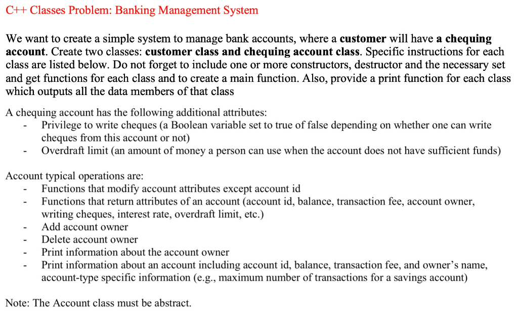 C++ Classes Problem: Banking Management System We | Chegg.com