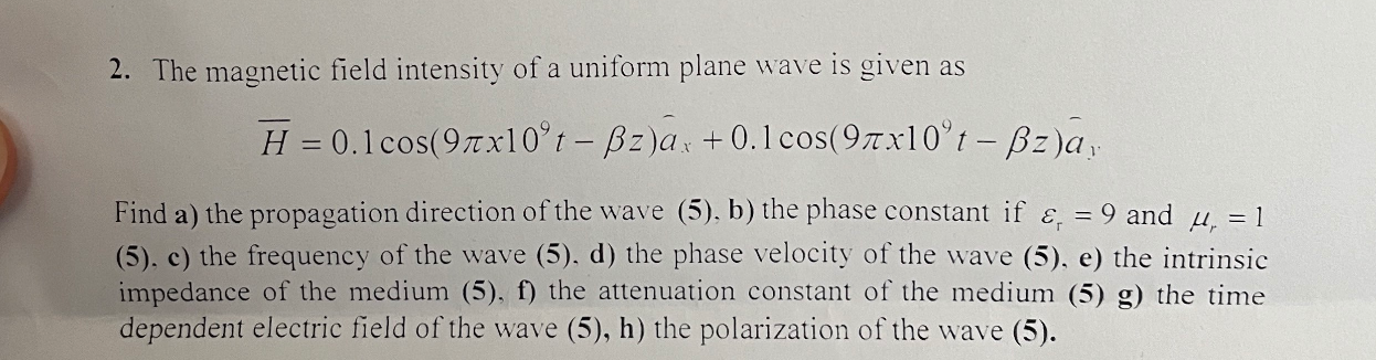 Solved The magnetic field intensity of a uniform plane wave | Chegg.com