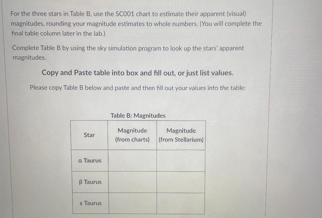 For the three stars in Table B, use the SC001 chart | Chegg.com
