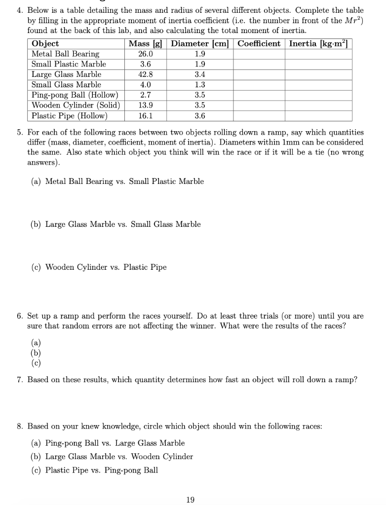 Solved 4. Below is a table detailing the mass and radius of | Chegg.com