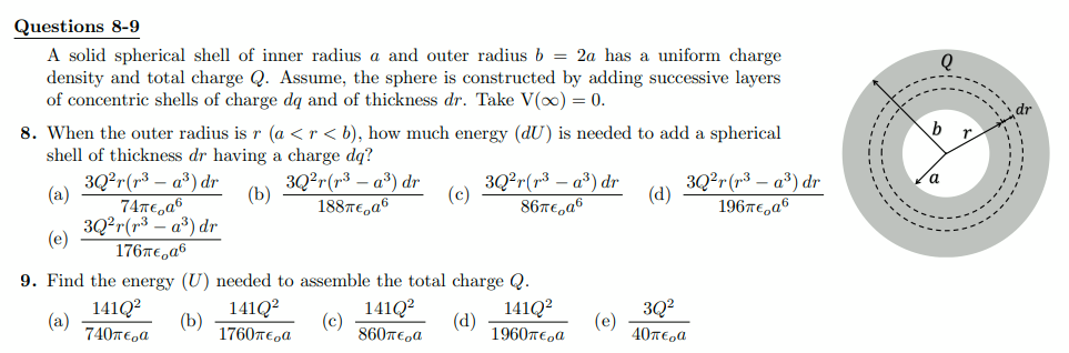 Solved dr b Questions 8-9 A solid spherical shell of inner | Chegg.com